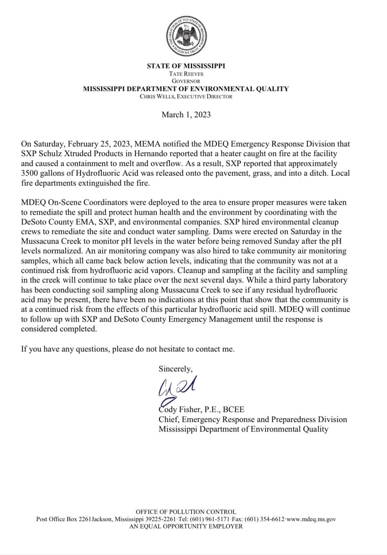 UPDATE: MDEQ details chemical spill response to Hernando mayor | DeSoto ...